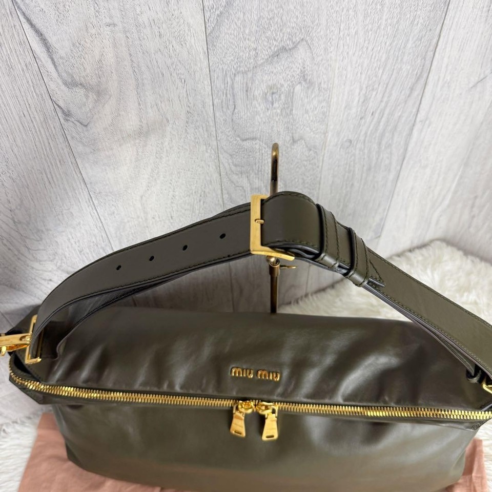 MIU MIU leather Shoulder bag Vintage Khaki Gold Logo Authe Good ...