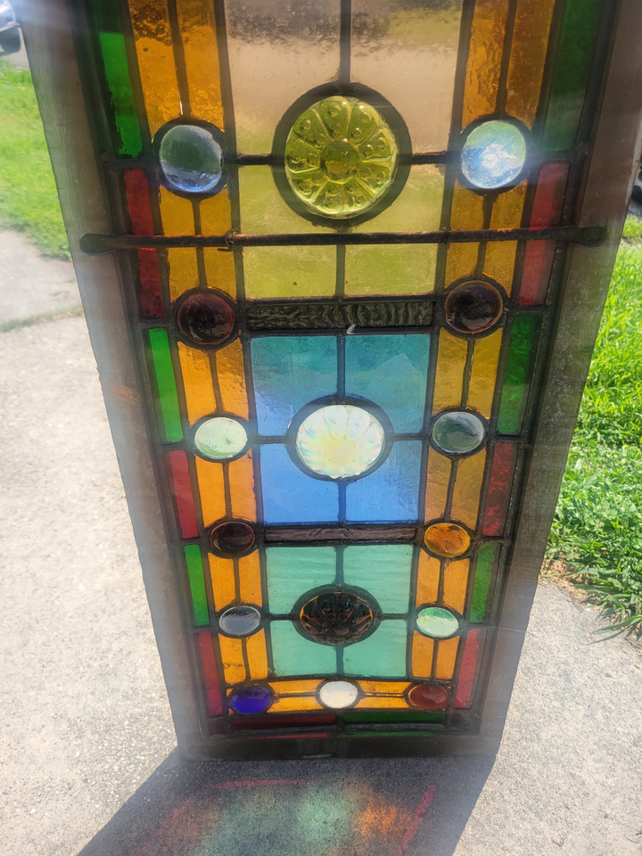 1 c.1870 Antique American Stained Glass Transom Window, w 32 roundels 7 ...