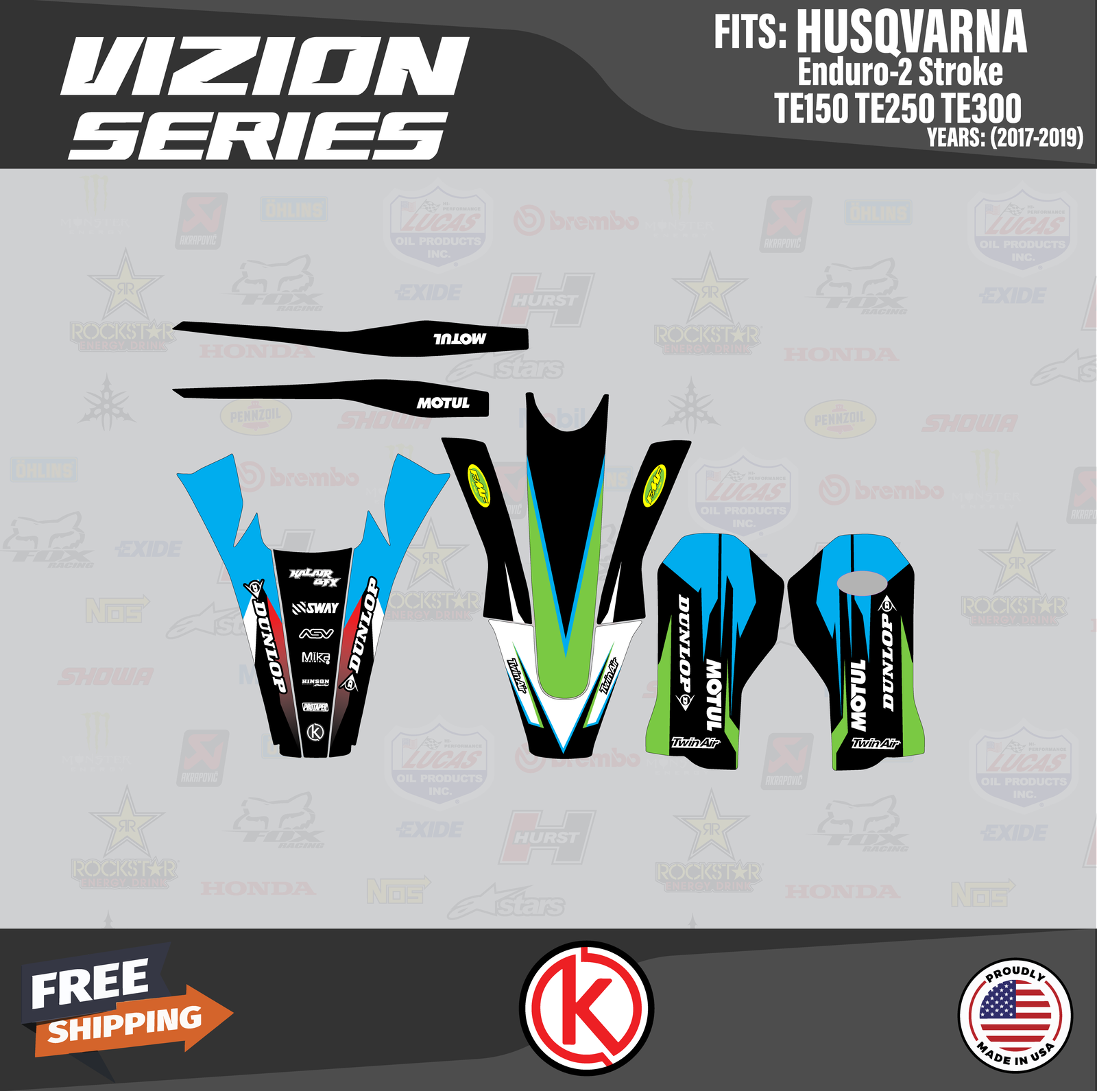Graphics Kit for Husqvarna TE150 TE250 TE300 (2017-2019) Vizion-Green ...