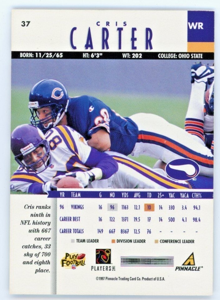 1997 Pinnacle Cris Carter Card #37 HOF | eBay