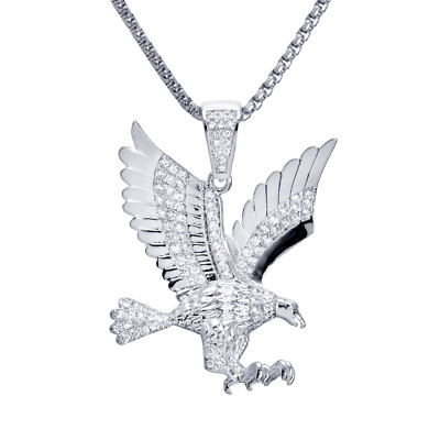 Men's Hip Hop Iced Silver Eagle Pendant 24" Box Chain Necklace SET BSH ...