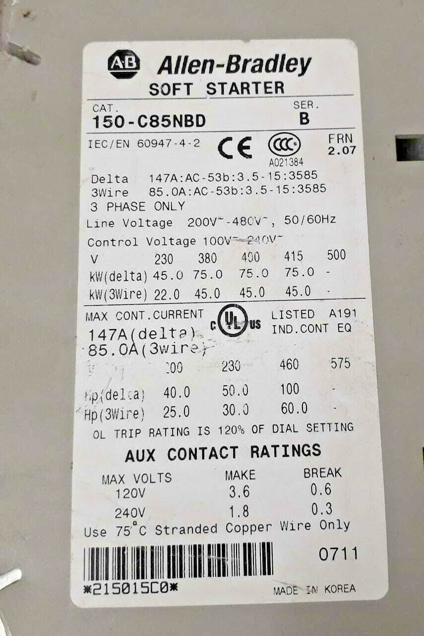 ALLEN BRADLEY 150-C85NBD SMC-3 SOFT STARTER SMART MOTOR CONTROLLER | eBay