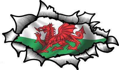 LARGE Oval Ripped Open Torn Metal With Welsh Wales CYMRU Flag vinyl car ...