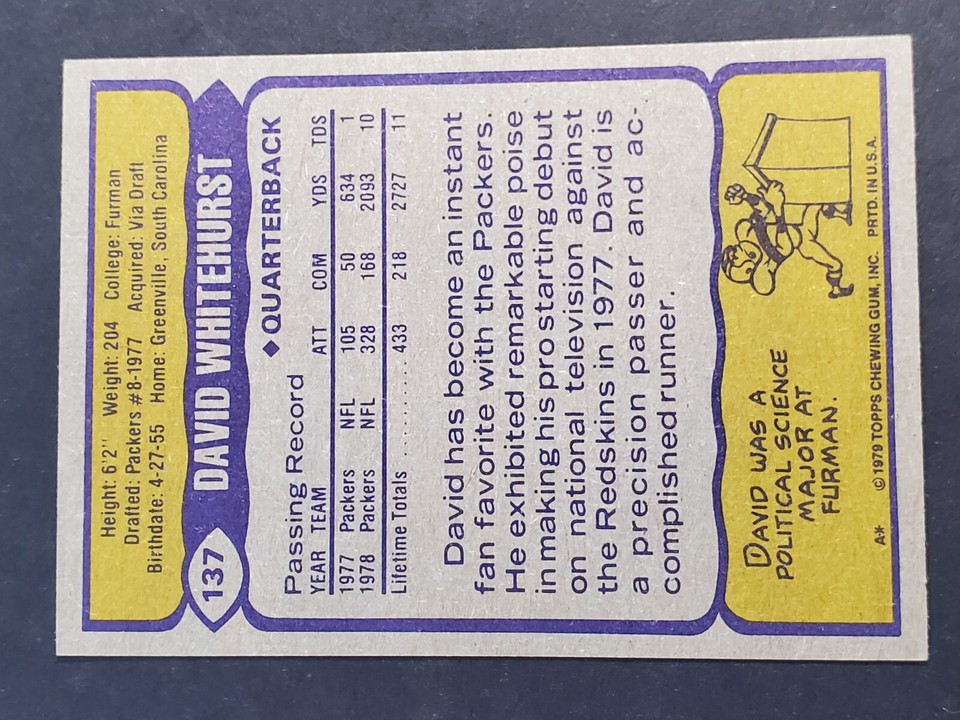 1979 TOPPS FOOTBALL #137 DAVID WHITEHURST ROOKIE HIGH GRADE NEAR MINT ...