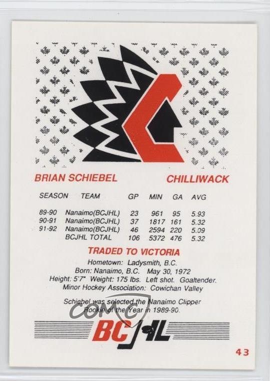 1992-93 British Columbia Junior BCJHL Brian Schiebel #43 0f8 | eBay UK
