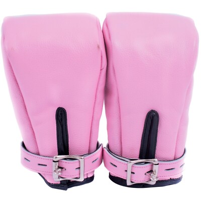 BDSM Leather Pink Fist Mitts Gloves, Restraints Bondage Cuffs Lockable ...