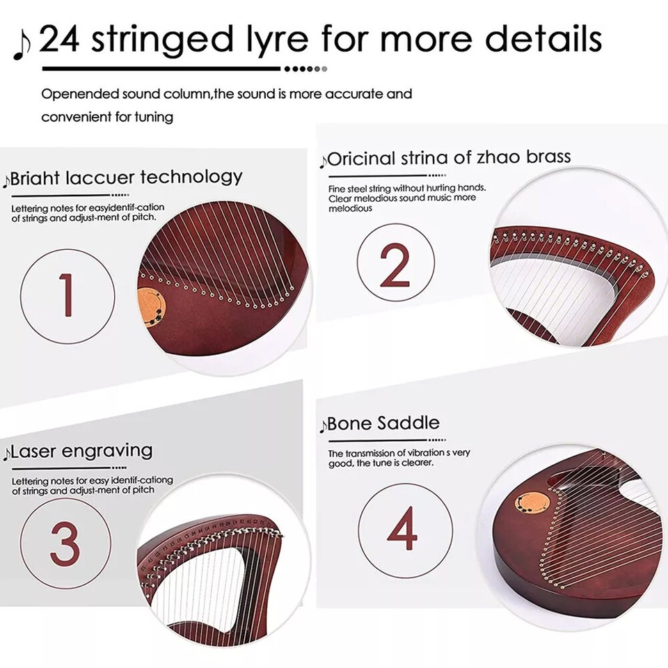 1PC 24-String Harp Solid Wood Mahogany Lyre Harp With Pick Strings ...