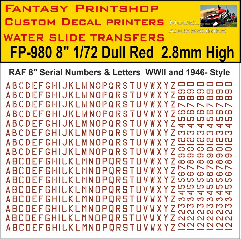 RAF 15" LETTERS NUMBERS WATER SLIDE TRANSFERS MODEL KIT DECALS FP-982 ...