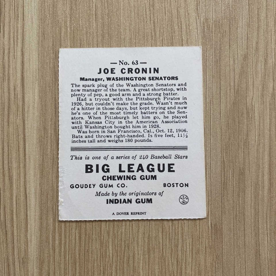 1977 Dover Classic Baseball Cards Reprints Joe Cronin HOF | eBay