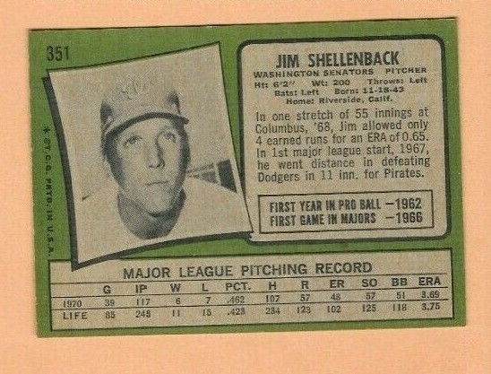 1971 Topps Baseball Jim Shellenback #351 | eBay