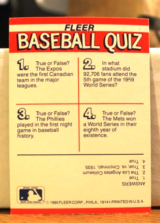1990 Fleer 4 MLB Team Logo Sticker Quiz Card Dodgers Expos Mets ...
