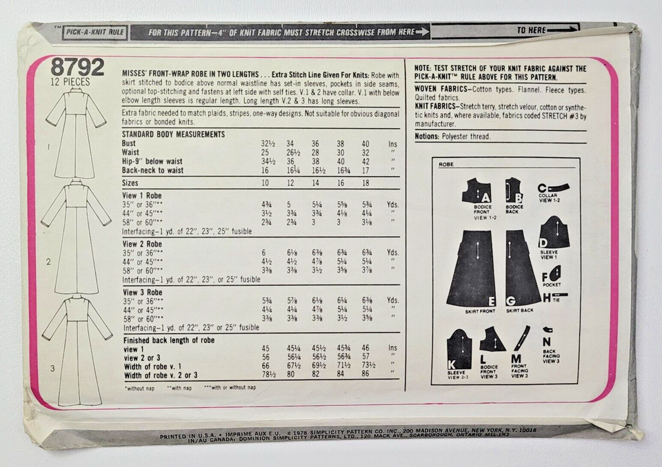 VTG 70's Simplicity Pattern 8792 Misses Front-Wrap Robe Two Lengths ...