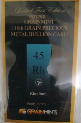 Rhodium Metal Crystal Pure 99.95% 1/10th Grain in Numbered Bullion Card ...