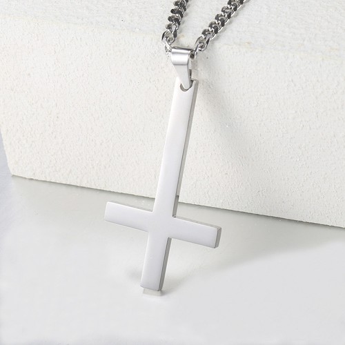 Silver Stainless Steel Inverted Cross Pendant Charm Necklace with 20 ...