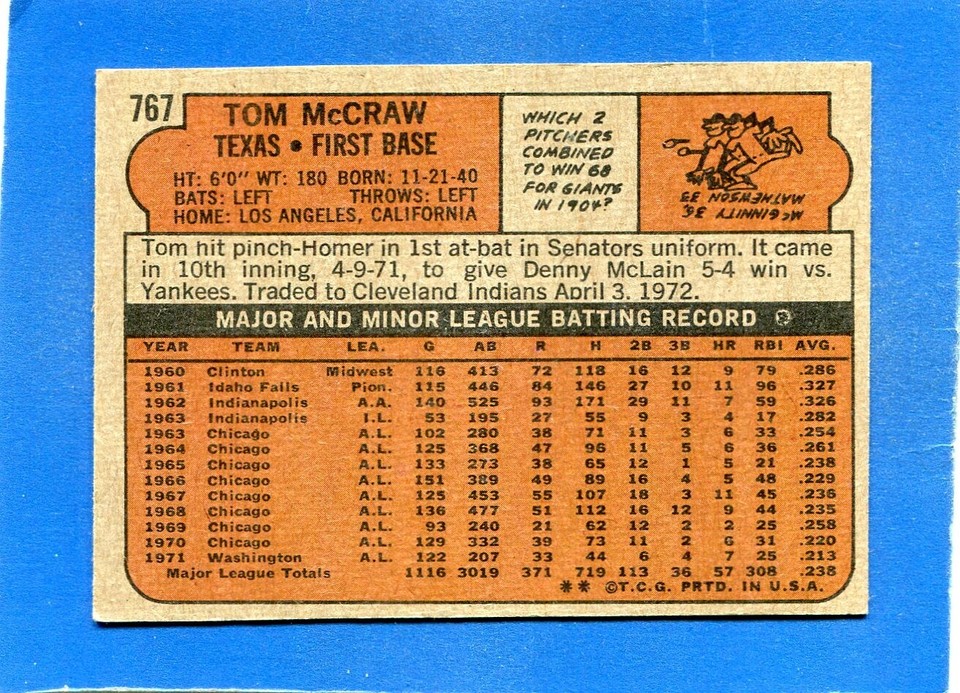1972 TOPPS BASEBALL #767 TOM MCCRAW TEXAS RANGERS HIGH NUMBER NRMT ...