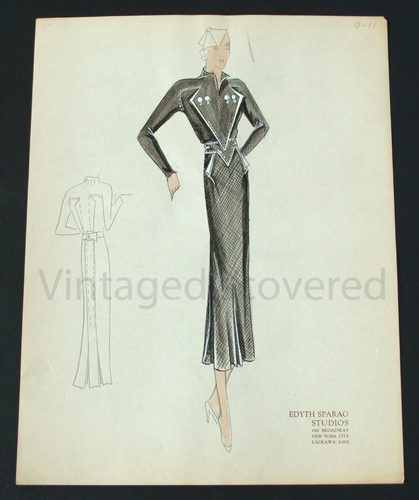 1930's Vintage Fashion Design Original Art Color Drawing Edyth Sparag ...