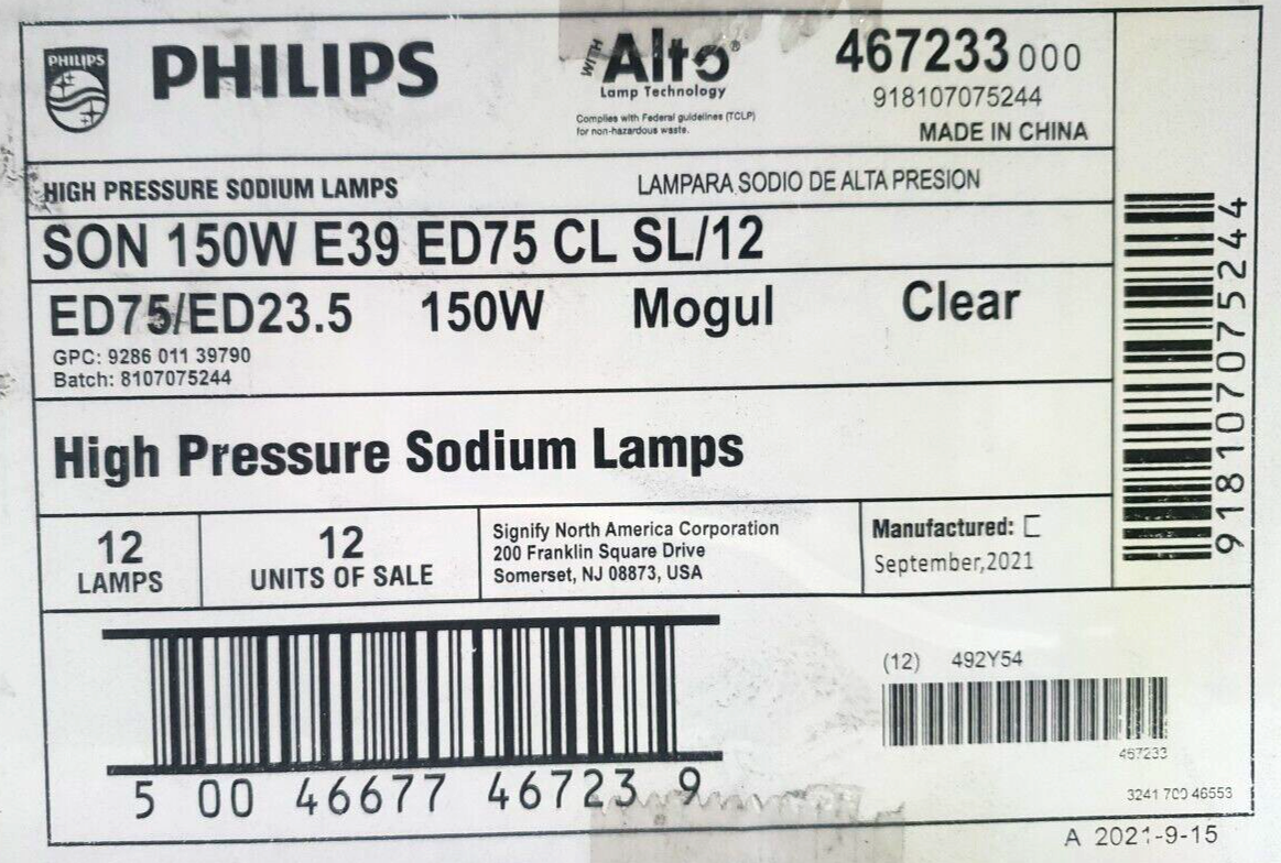 CASE OF 12 Philips SON 150W E39 ED75 CL High Pressure Sodium HID Light ...
