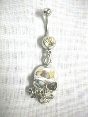 USA CAST PEWTER SKULL w ROSE FLOWER IN TEETH ON 14g CLEAR BELLY BUTTON ...