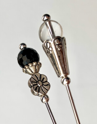 Hat Pin X2 Black Clear Quartz Tibetan Silver 3" & Pin Protector | eBay UK