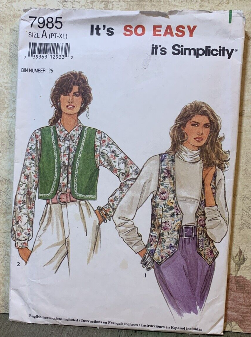 Vest Pattern VESTS Simplicity 7985 Sizes PT to XL 1992 Vintage Uncut | eBay