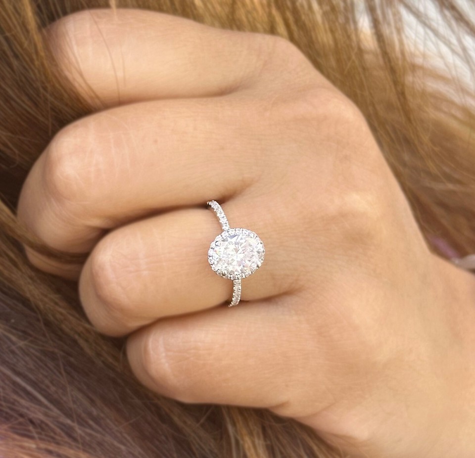 Oval Cut Moissanite Engagement Ring Halo Prong Set 14k Solid White Gold ...