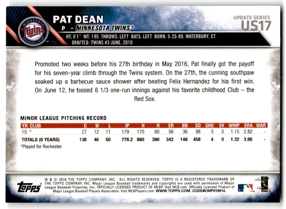 2016 Topps Update Pat Dean Rookie Minnesota Twins #US17 | eBay