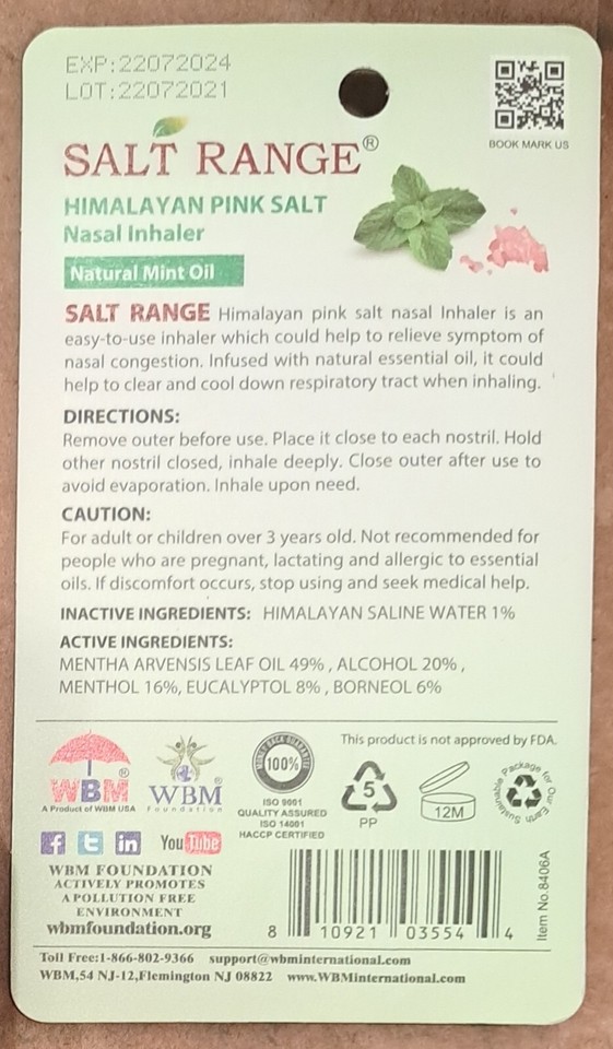 Salt Range Himalayan Pink Salt Nasal Inhaler Natural Mint Oil 5 ct. | eBay
