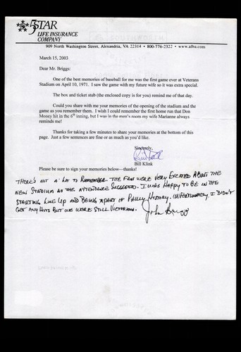 FAN LETTER RESPONSE - JOHNNY BRIGGS RE: VETERAN'S STADIUM OPENING, BAS ...