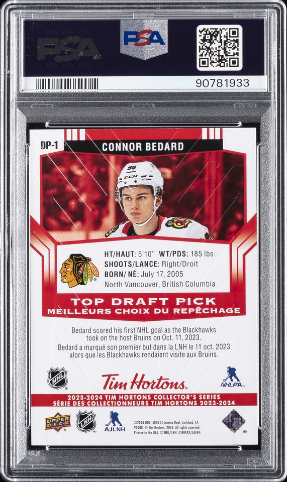 2023 UPPER DECK TIM HORTONS NHL TOP DP #DP1 CONNOR BEDARD ROOKIE RC PSA ...