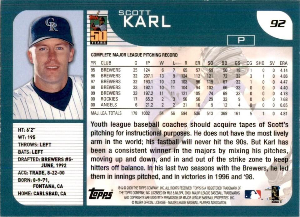 2001 Topps Scott Karl Anaheim Angels #92 MLB Baseball Sports Card | eBay