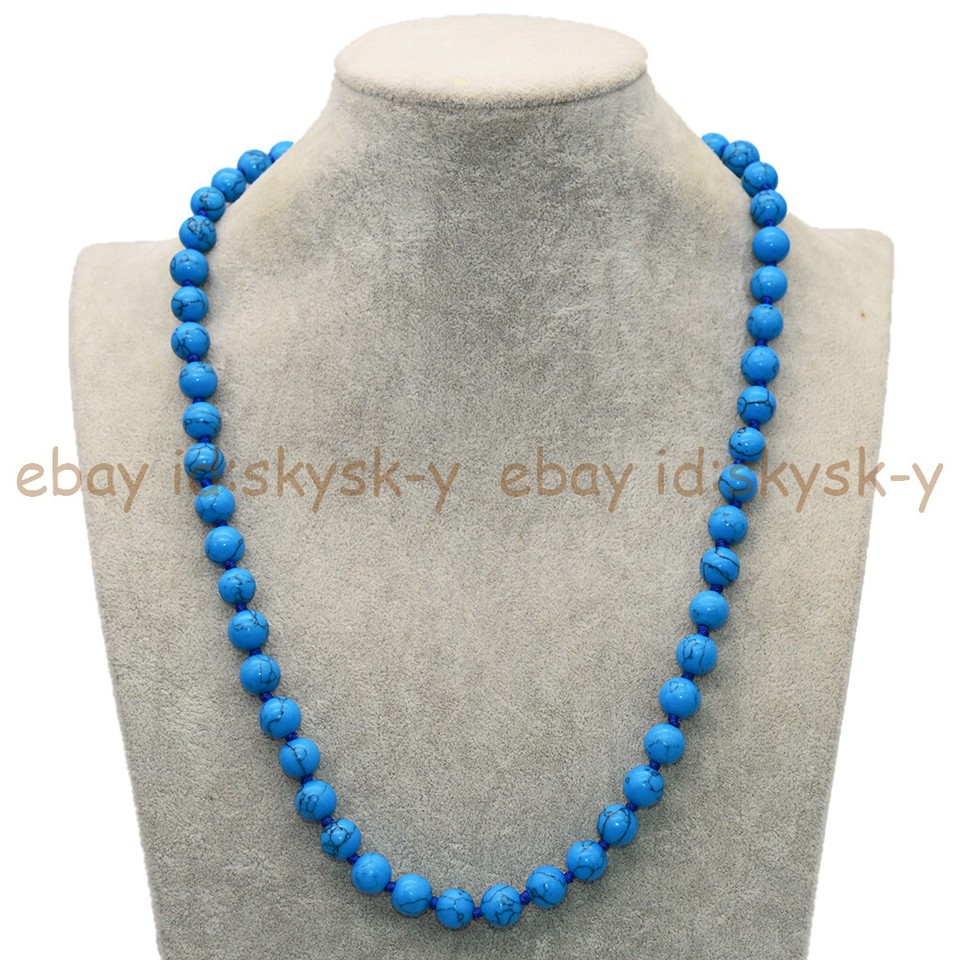 8/10/12mm Natural Blue Turquoise Round Gemstone Beaded Handmade Knotted ...