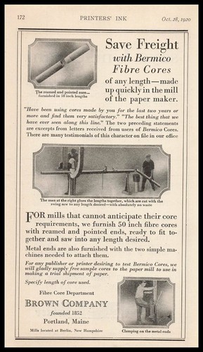 1920 Brown Company Portland Maine Bermico Fibre Cores Vintage Print Ad ...