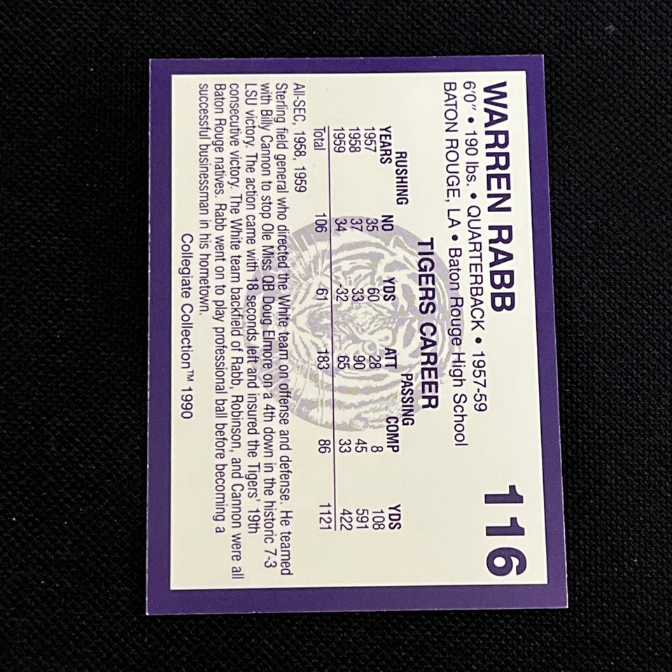 WARREN RABB 1990 COLLEGIATE COLLECTION SIGNED AUTOGRAPHED CARD #116 LSU ...