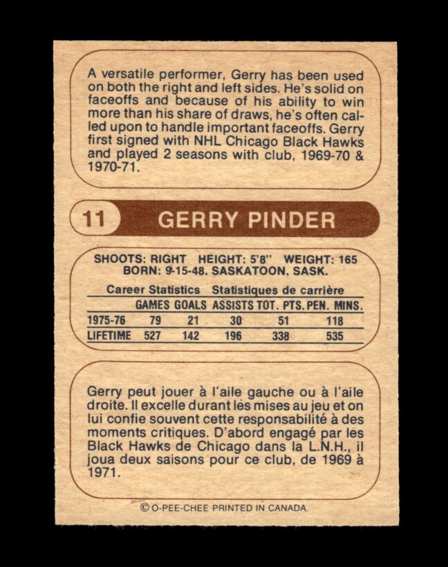 1976-77 O-Pee-Chee WHA Set-Break # 11 Gerry Pinder EX-EXMINT *GMCARDS ...