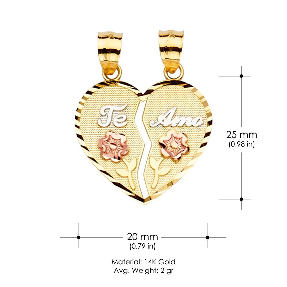 14K Tri Color Gold Couple 2 Piece Te-Amo Charm Pendant For Necklace or ...