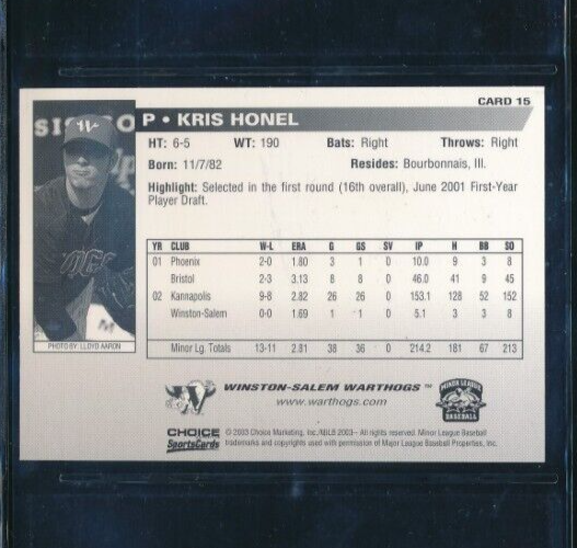 2003 Choice Winston-Salem Warthogs #15 Kris Honel signed auto autograph ...