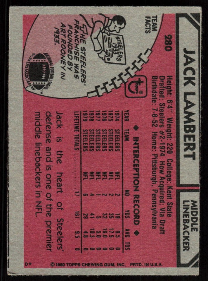 1980 Topps Jack Lambert #280 FOOTBALL CARD Pittsburgh Steelers | eBay