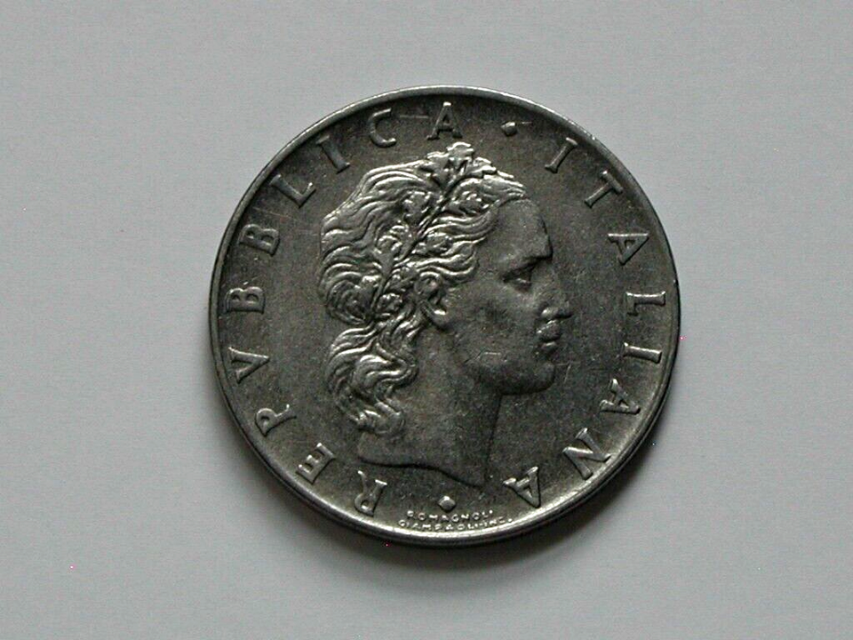 1962 ITALY Coin - L.50 Lire - Roman god of fire Vulcan (naked at anvil ...