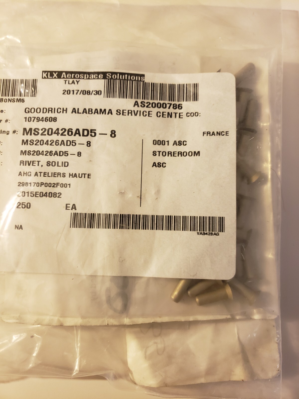 48 Military Standard MS20426AD5-8 Aluminum 100° Flush Head Rivet, Solid ...