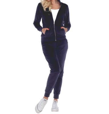 Women's Navy Blue Velour Tracksuit - Zip-Up Hoodie with Pants - Sizes S ...