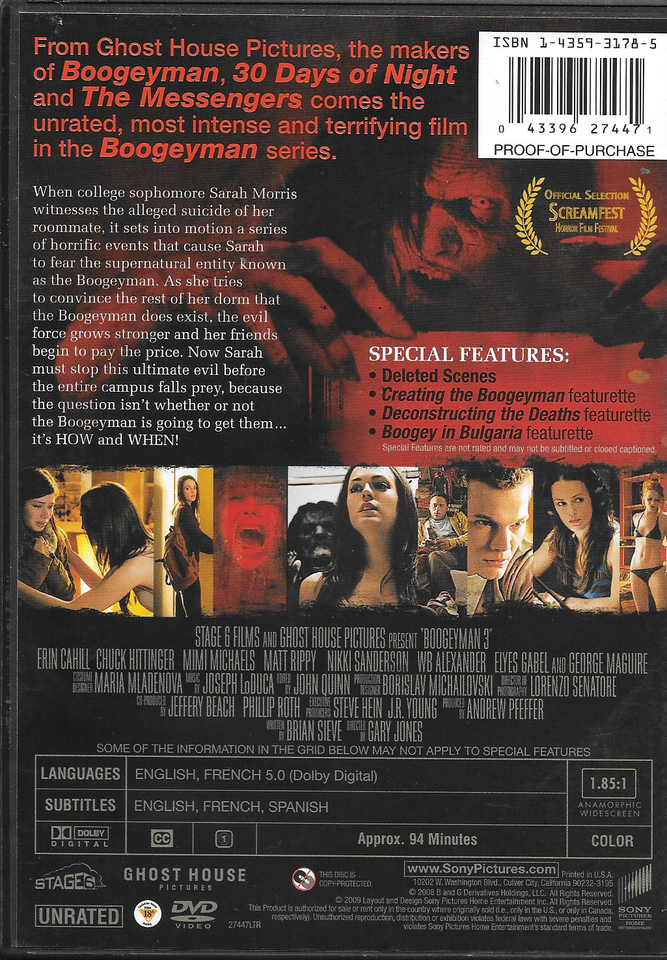 Boogeyman 3 (DVD) Unrated! BOOGEY MAN PART THREE Erin Cahill, HORROR | eBay