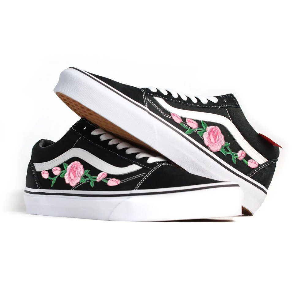 Vans Black Old Skool Pink Rose Custom Handmade Shoes By Patch ...