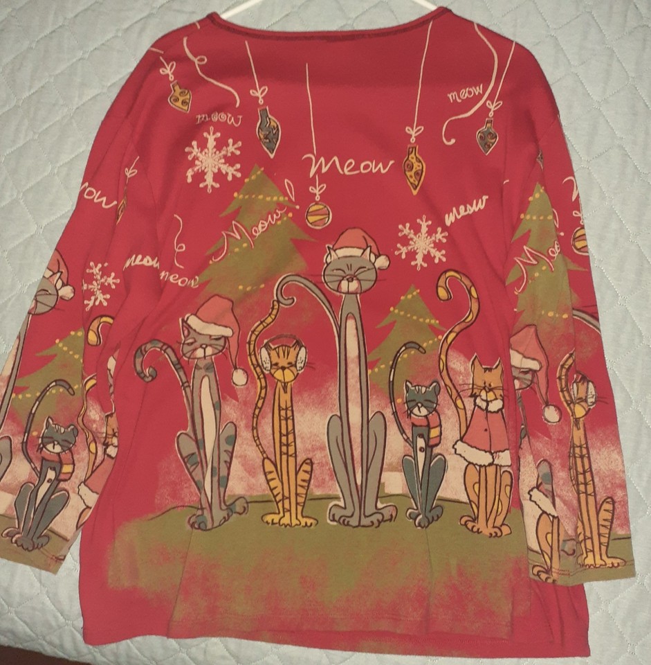 Jess & Jane Cat Meow Meow Shirt XL Red Rhinestone Kitty Kitten Folk Art ...
