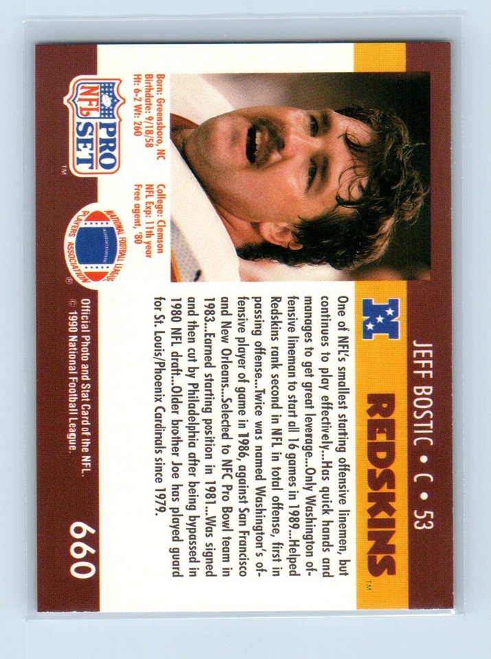 1990 Pro Set Jeff Bostic Washington Redskins #660 | eBay