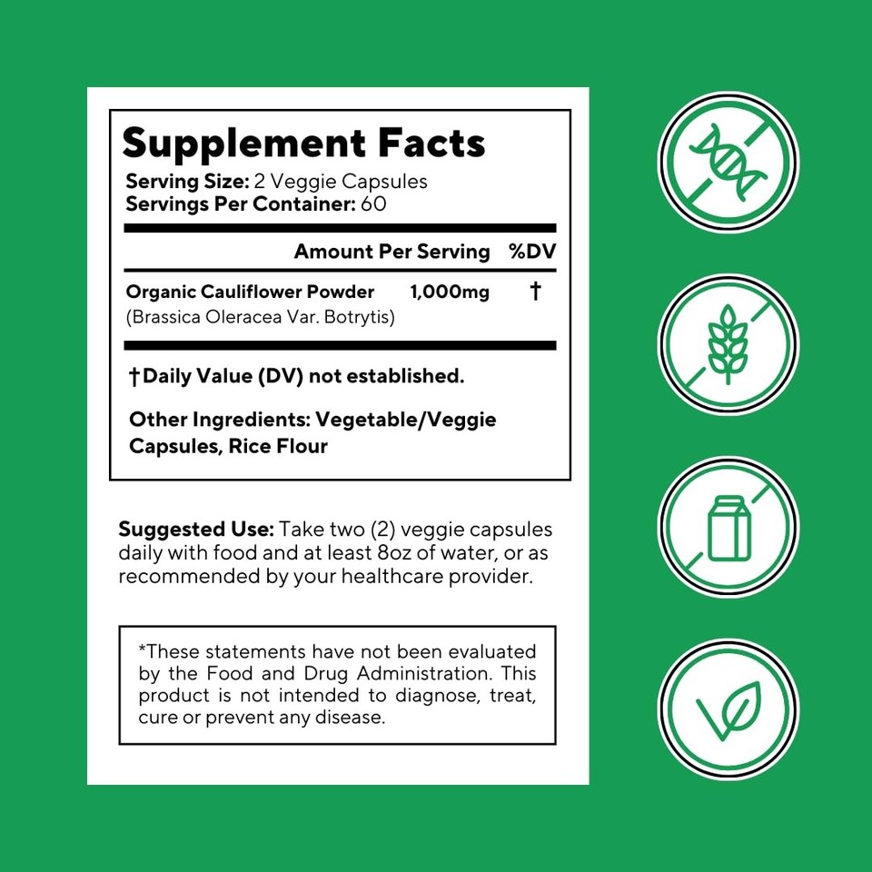 Organic Cauliflower Superfood Powder Supplement 120 Veg Capsules Non ...