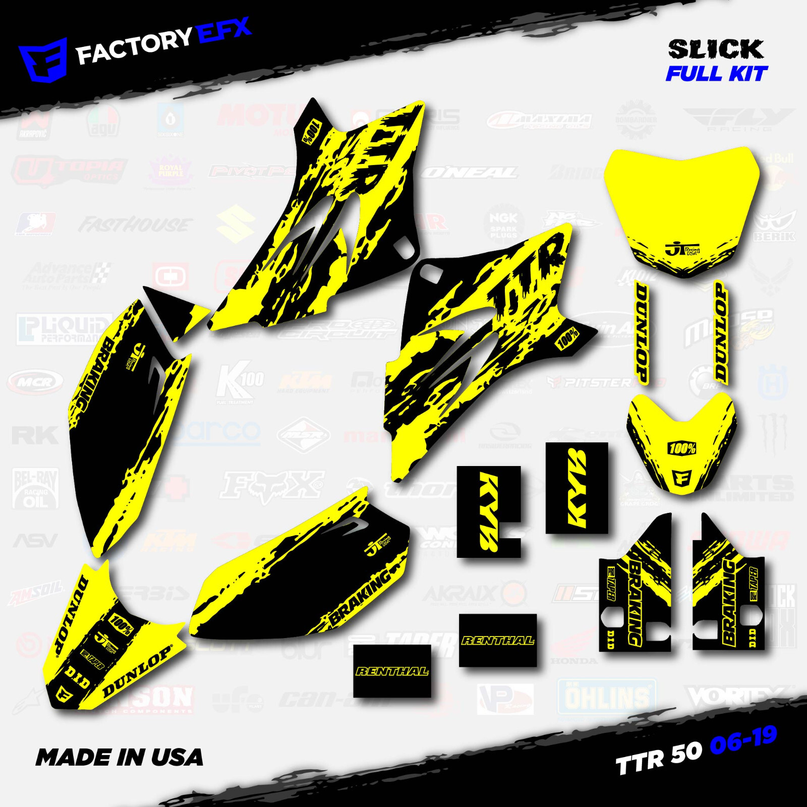 Black Yellow Slick Racing Graphics kit fits 2006-2023 YAMAHA TTR50 TTR ...