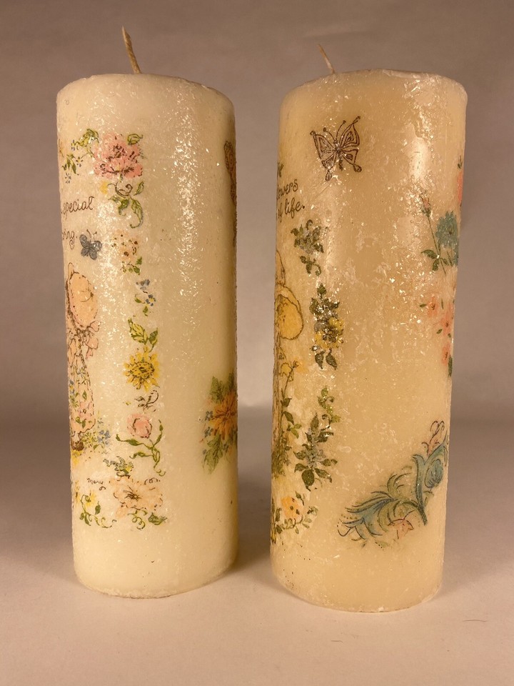 2 VINTAGE PILLAR SUGAR CANDLES 60s 70s Design on Wax-No glass-Friends ...