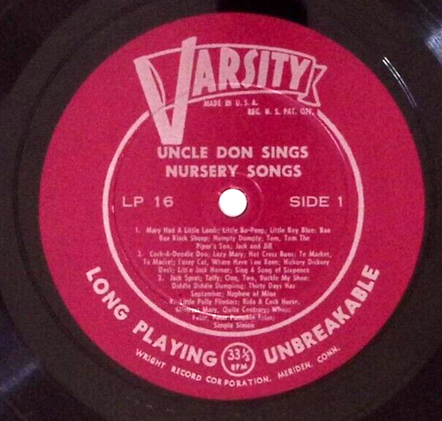 UNCLE DON SINGS NURSERY SONGS VARSITY RECORDS VINYL 10 INCH 33 RPM 710 ...