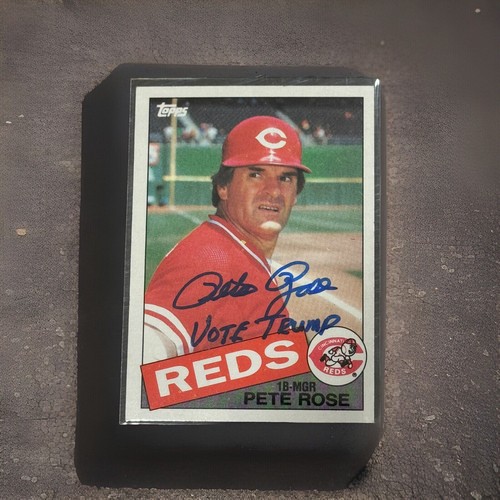 PROOF Super Rare RIP PETE ROSE Signed VOTE TRUMP Card 1985 Topps | eBay
