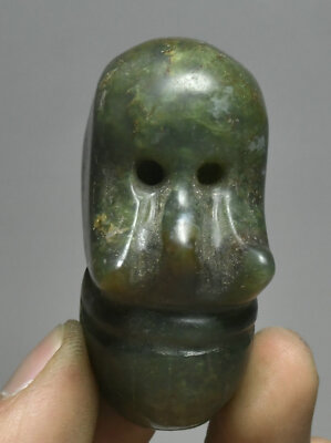 6CM Old China Green Jade Carving Lucky Skeleton Devil Skull Head Amulet ...